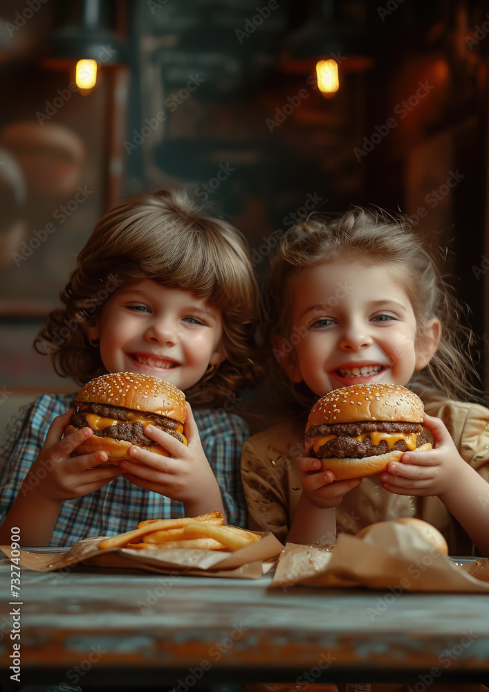 two little children eating a big hamburger at a table in a cafe, boy ...