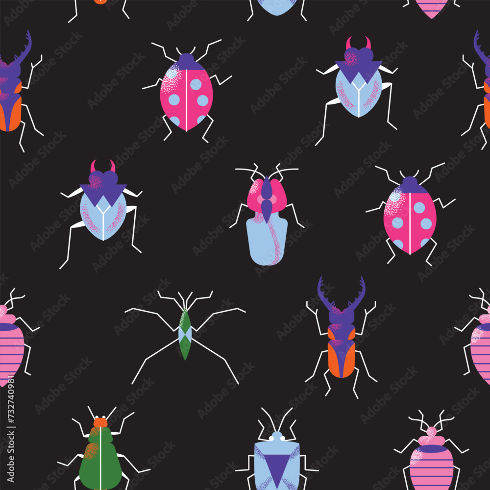 Cute cartoon insect characters seamless pattern. Funny happy small bugs ...