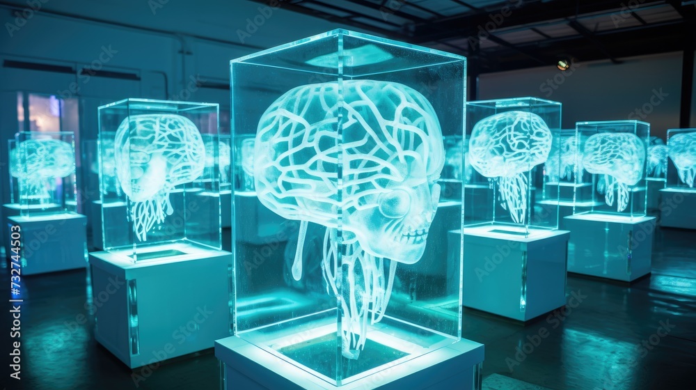 A multitude of blue glowing brains in glass jars stand in a row ...