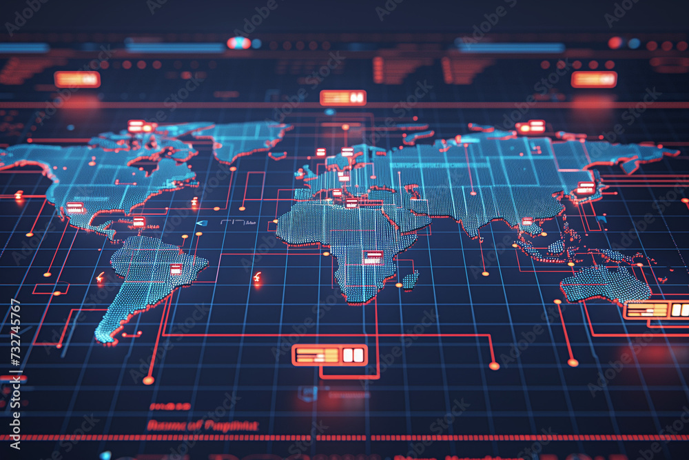 An representation of the world map in blue hues, with key areas ...