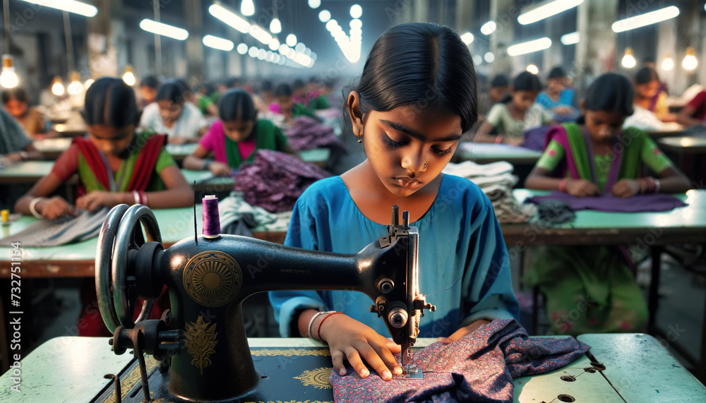 Young Indian girl working in the textile industry using a sewing ...