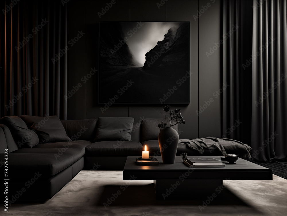 Modern living room space, modern interior design, monochromatic black ...