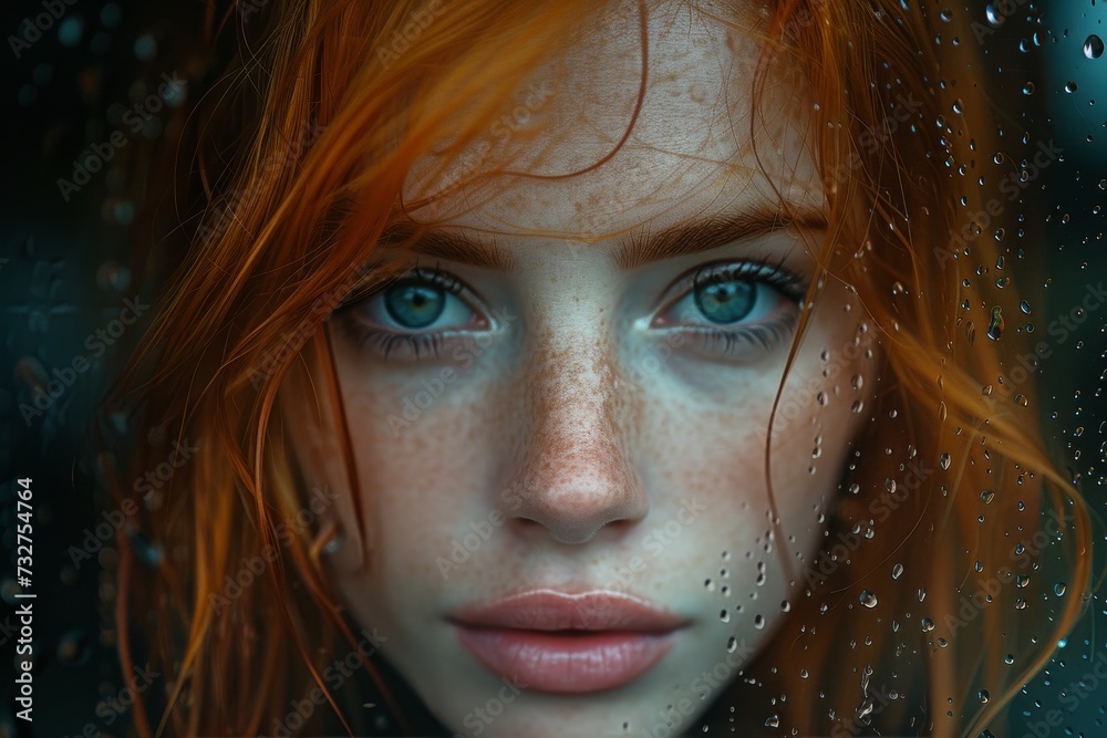 Captivating portrait of a fiery-haired woman with freckled skin, gazing ...