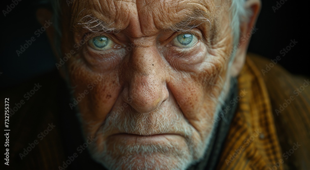 The closeup portrait of a senior citizen with green eyes reveals a ...