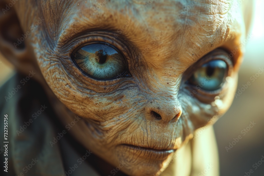 An alien's wrinkled face stares intensely through close-up outdoor eyes ...