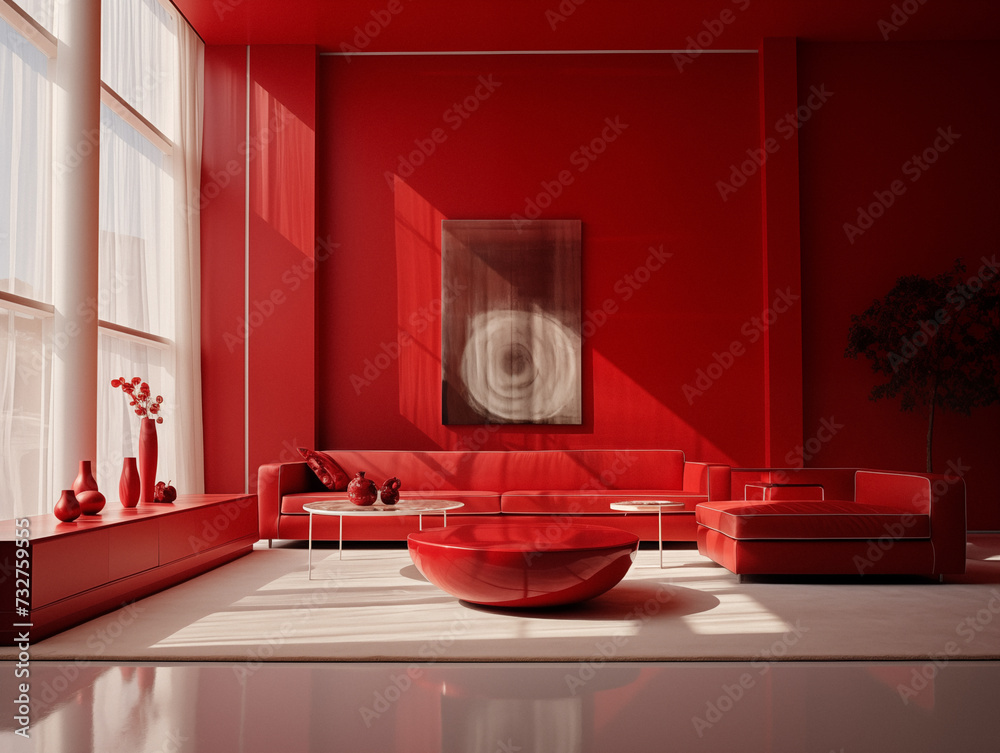 Modern living room space, modern interior design, monochromatic red ...