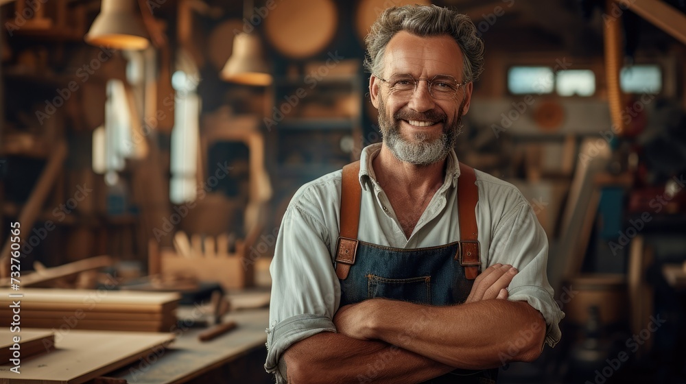 Happy carpenter at work standing in a carpentry workshop. Generative AI ...