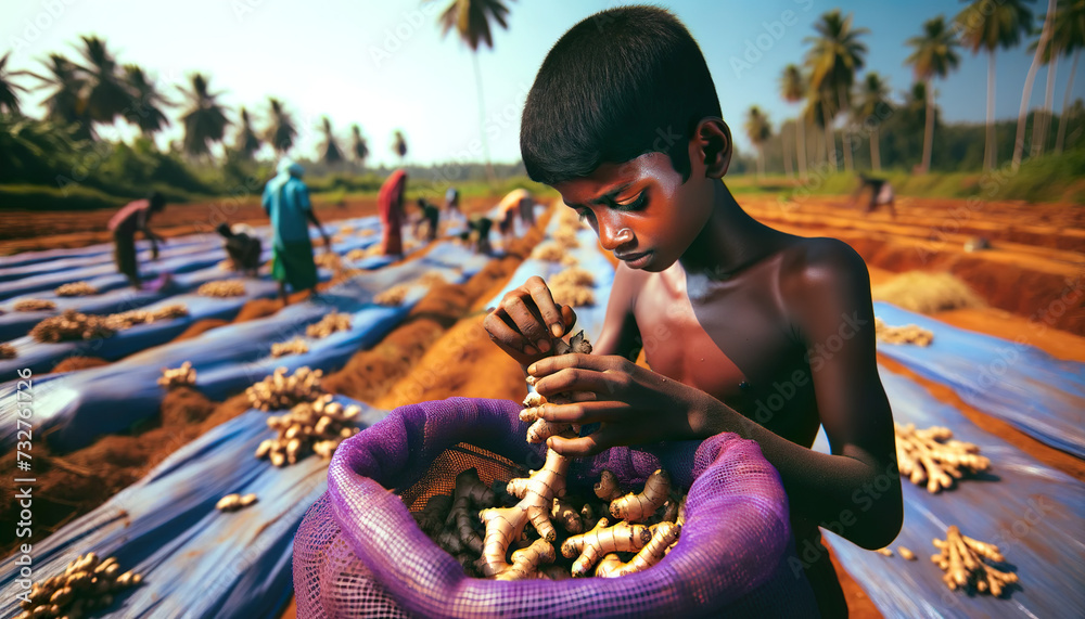 Indian boy working in the agriculture sector harvesting Ginger , Child ...