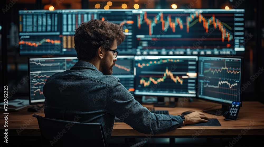 A trader making a trade in front of computer screens with trading chart, making professional ...