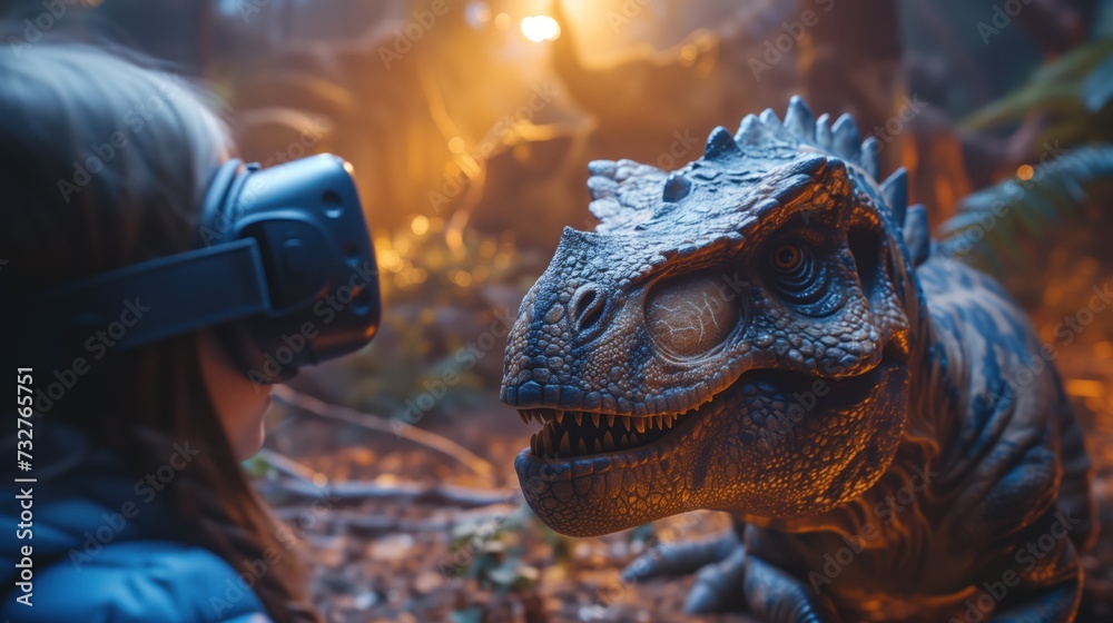 Virtual Dinosaur Park Visit: Show a parent and child experiencing a ...