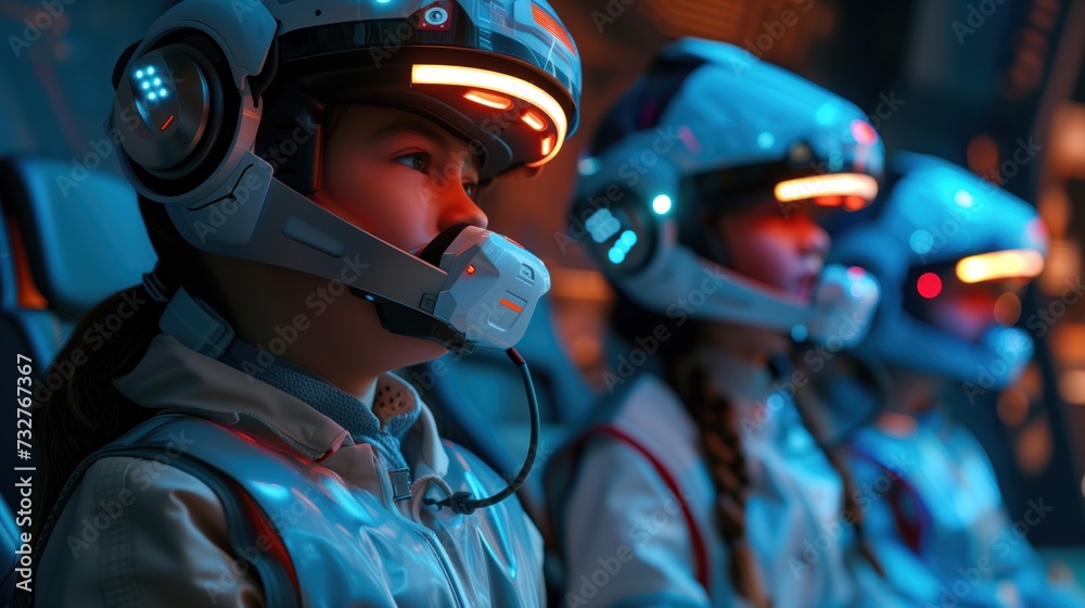 Parents and kids wearing next-gen VR headsets, deeply involved in a ...