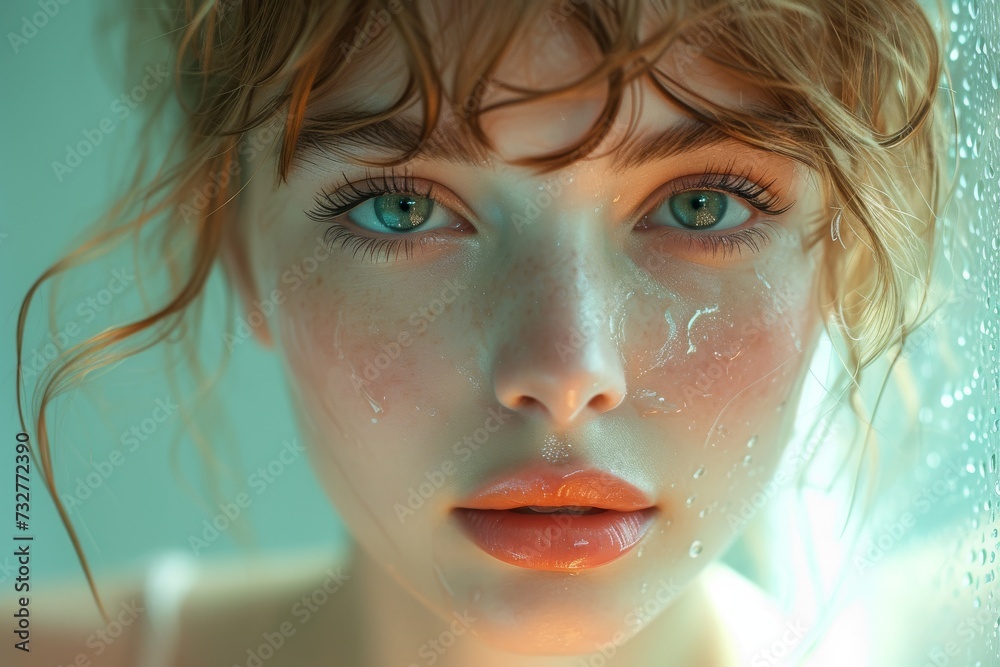 Through a closeup portrait, a girl with water on her face reveals a ...