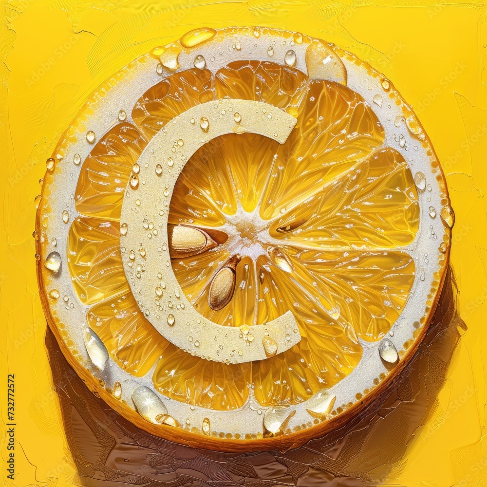 The letter C is cut from a lemon slice. Design for presentation of ...
