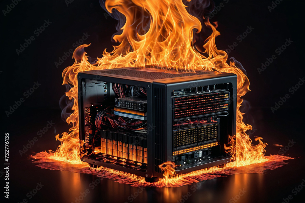 server rack on fire due to high demand of generative AI generation and ...