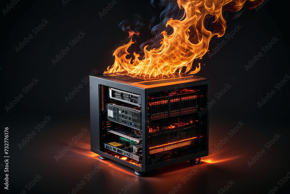 server rack on fire due to high demand of generative AI generation and ...