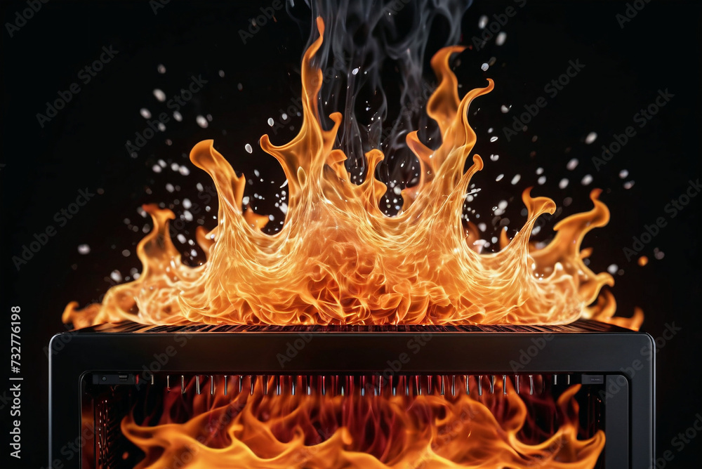 server rack on fire due to high demand of generative AI generation and ...