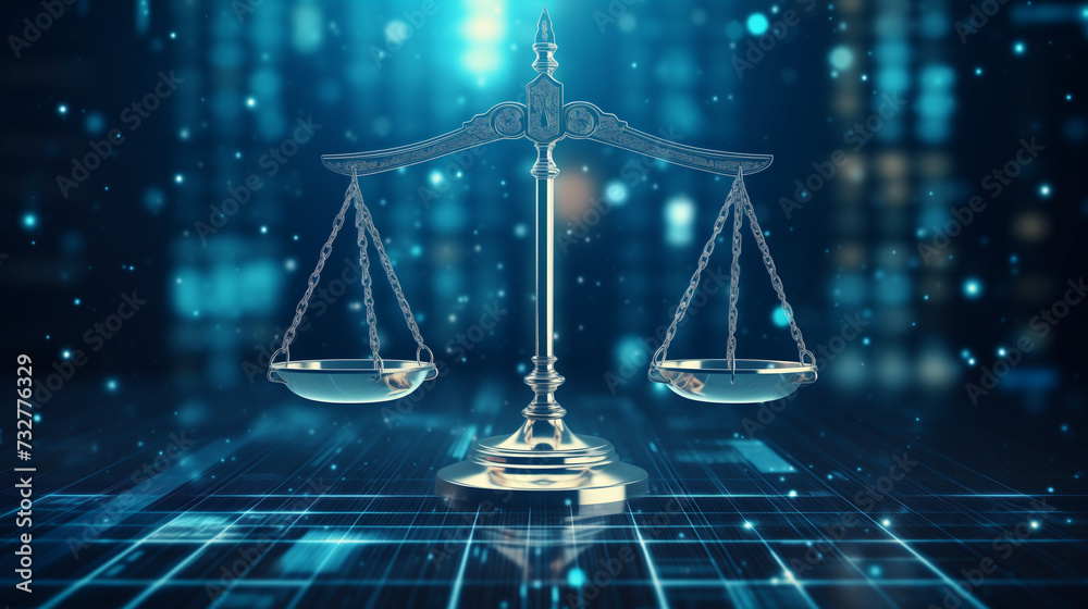 Law scales on background of data center. Digital law concept of duality ...