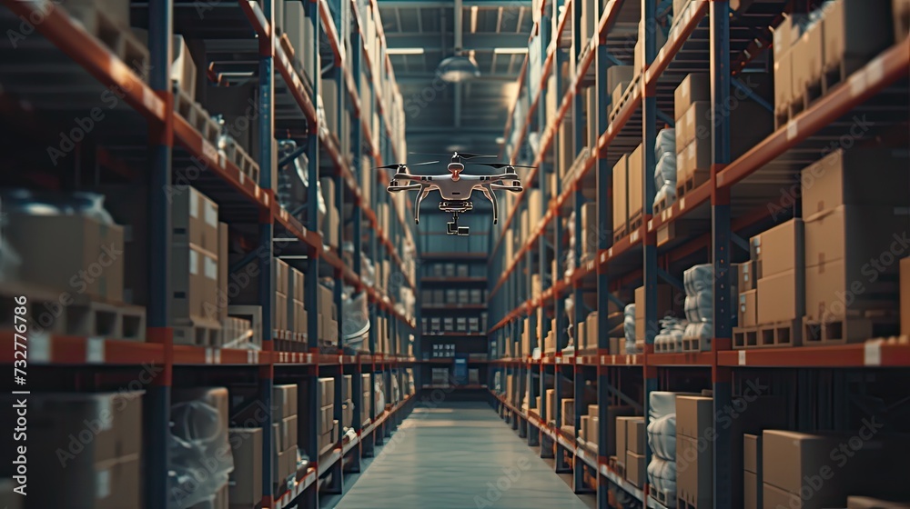 drones hovering over aisles in a warehouse, diligently scanning ... drones hovering over aisles in a warehouse, diligently scanning ...