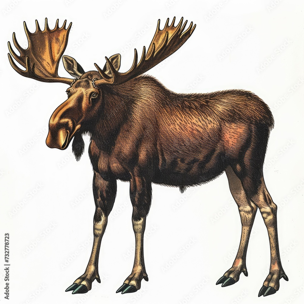 Colored picture of moose, woodcut, old vintage style, hand drawn simple ...