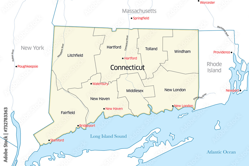 Colorful political map of the state of Connecticut outlining the ...