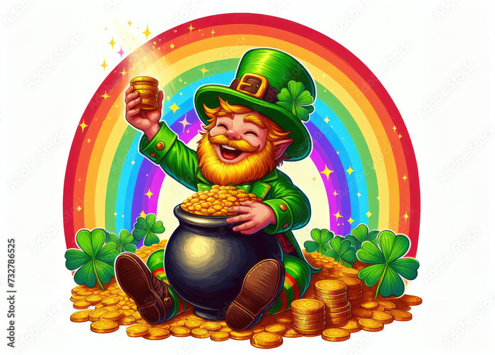 St patrick's day leprechaun laughing under a rainbow with a pot of gold ...
