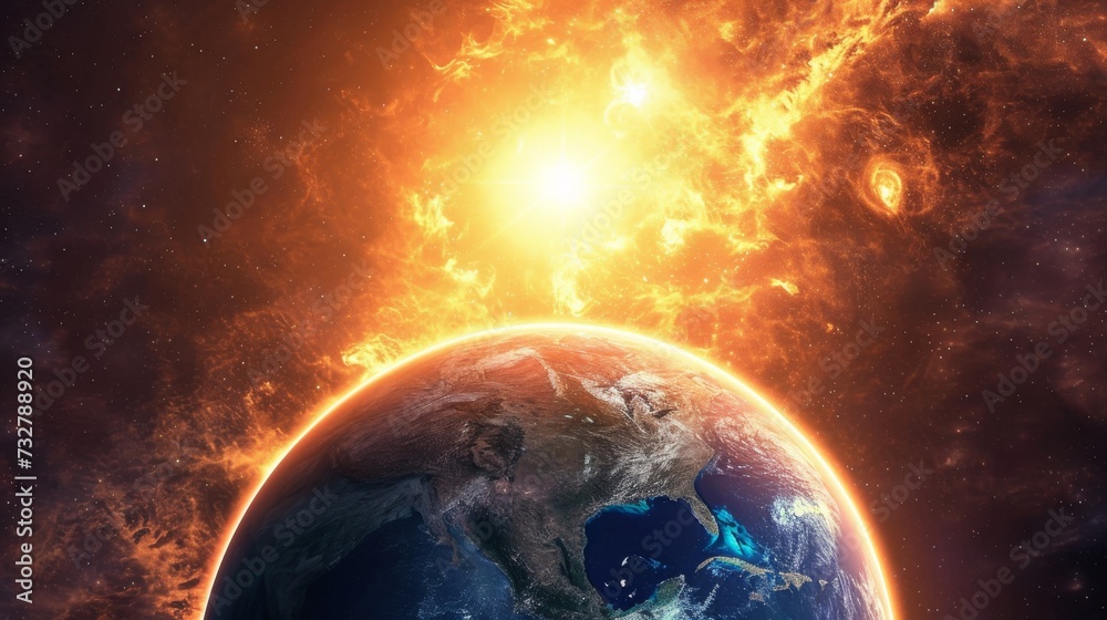 Wide-angle view of Earth from outer space with intense solar flare ...