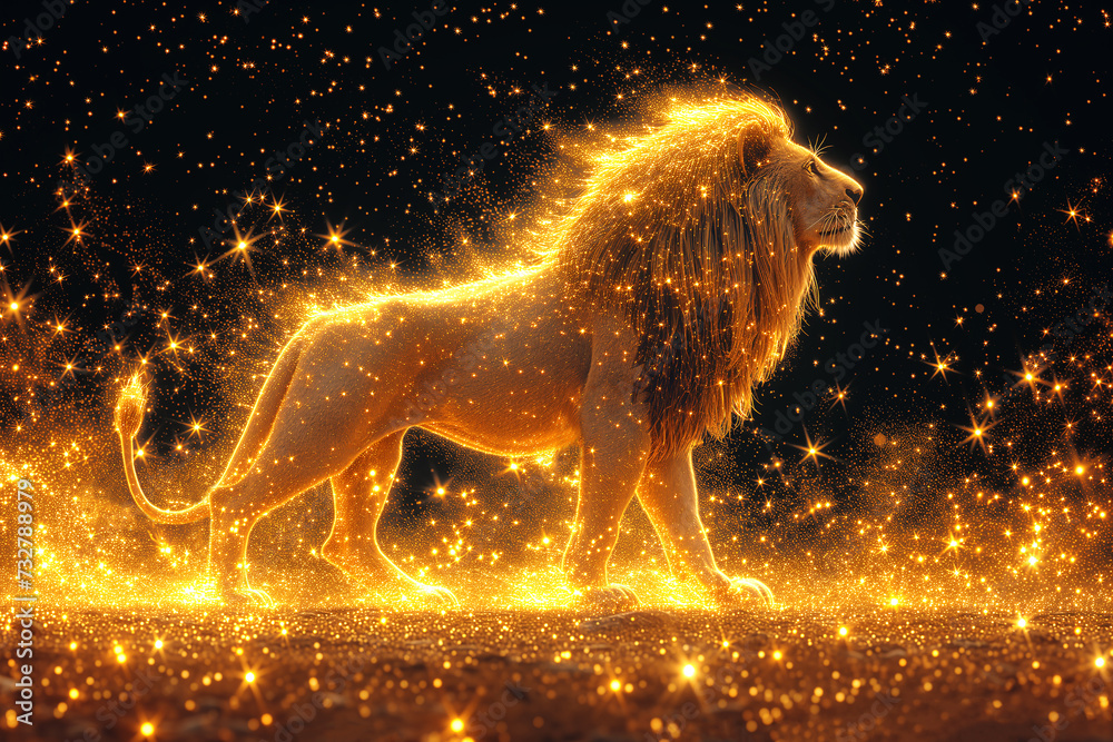 A sparkling fiery golden silhouette of a lion on a black background ...