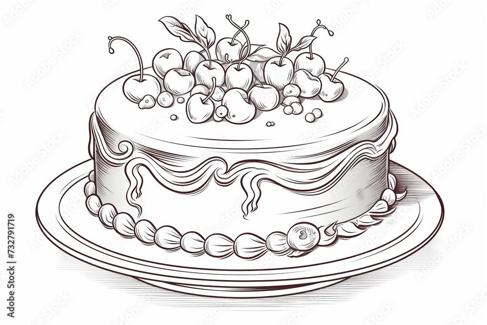 A monochromatic drawing presents a cake topped with cherries, set on a ...