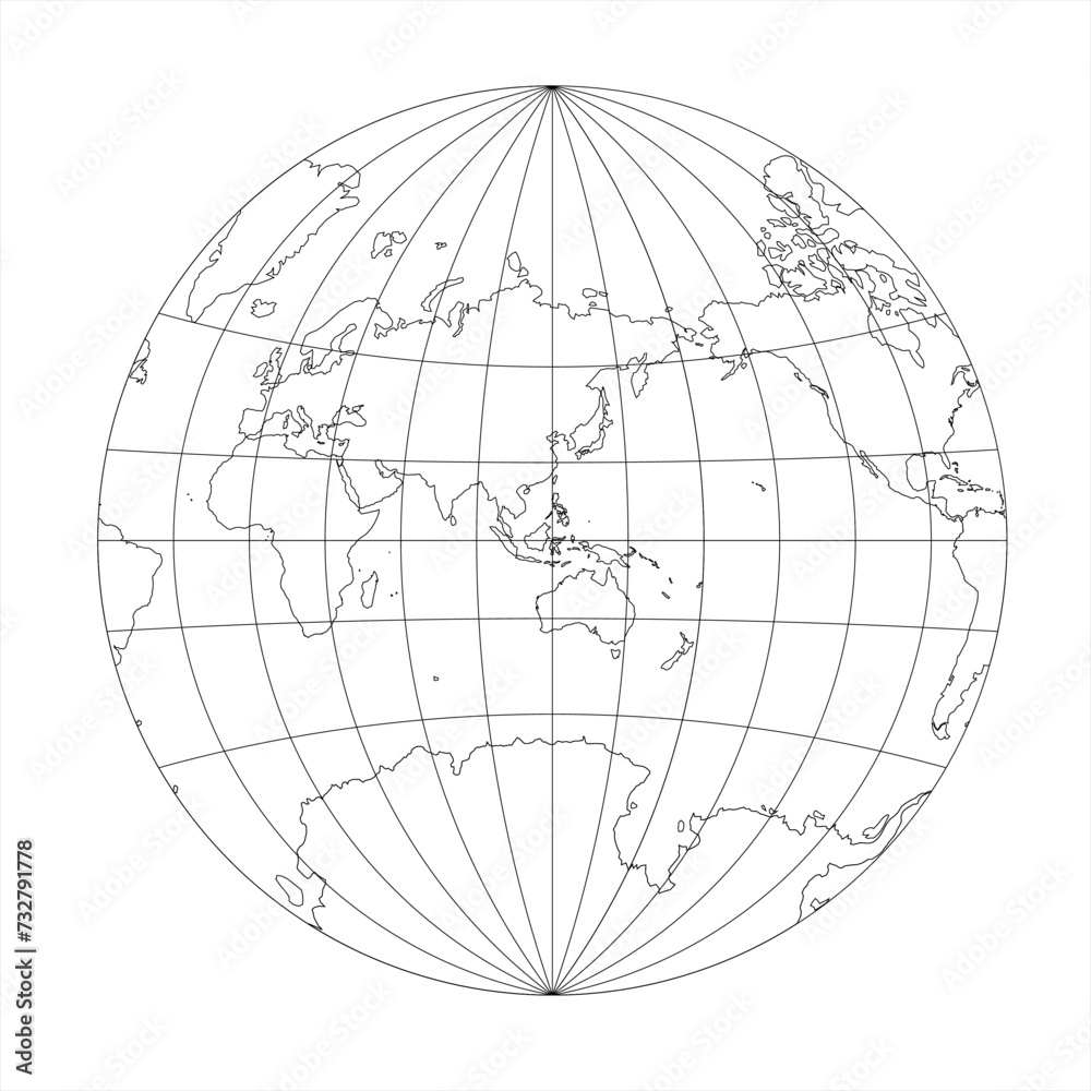 Simplified Map of World in the circle focused on Asia and Australia ...