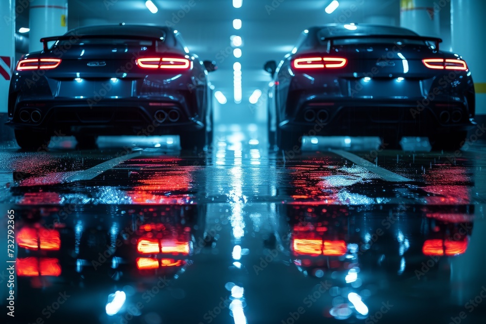 The sleek luxury vehicles, their shining bumpers reflecting the neon ...
