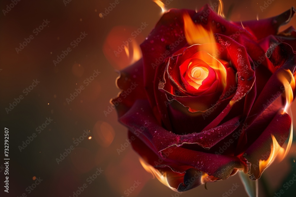 A close-up of a red rose with its petals alight, the flames delicately ...