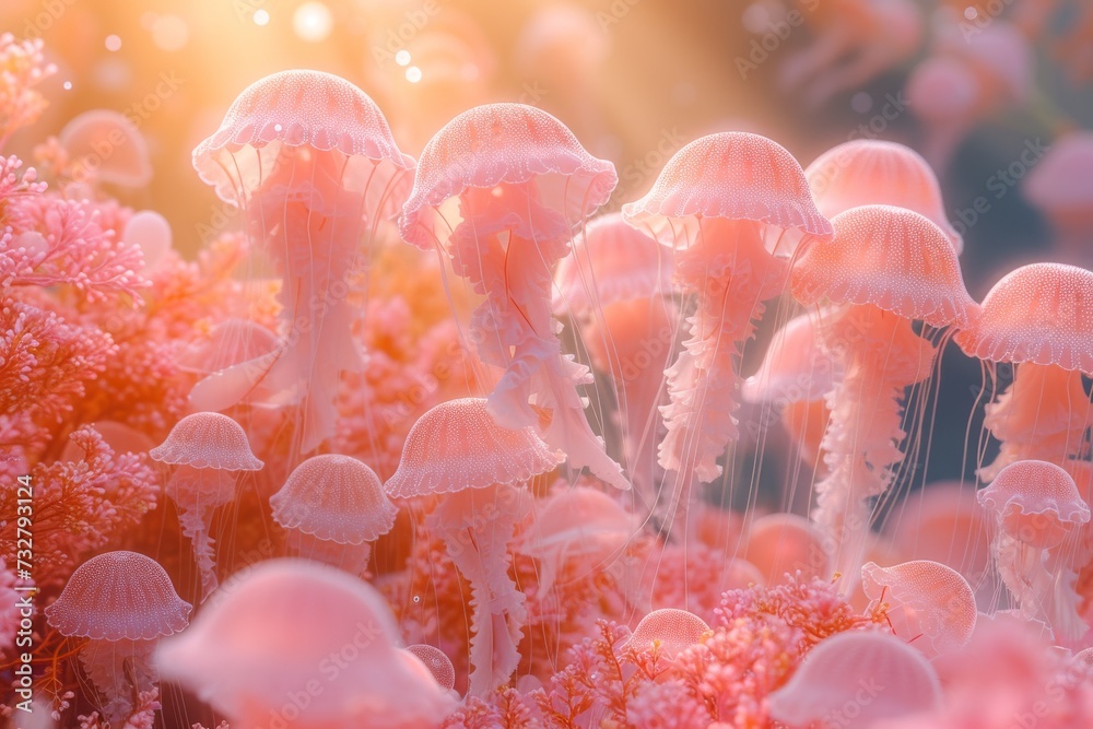 A vibrant community of pink marine invertebrates floats gracefully in ...