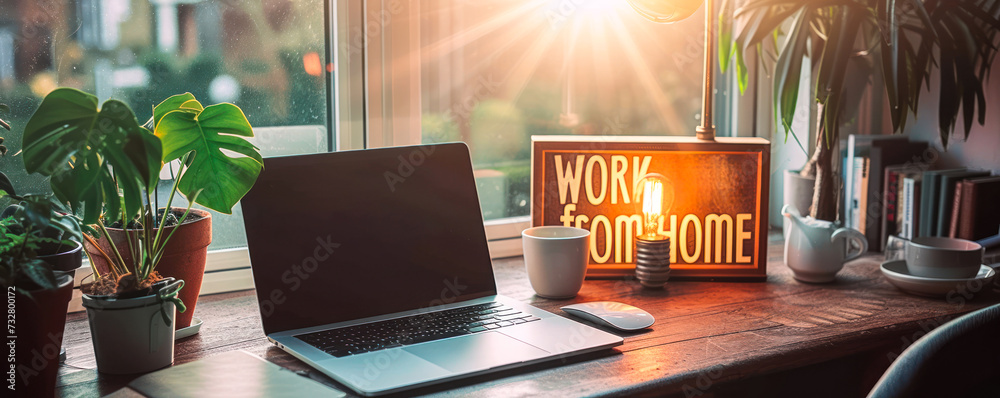 Contemporary home office setup with laptop on a modern desk, lightbox ...