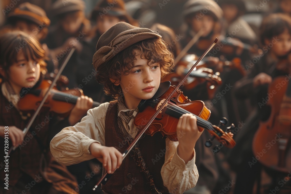 Amidst a bustling crowd, a young violinist captivates with his skilled ...