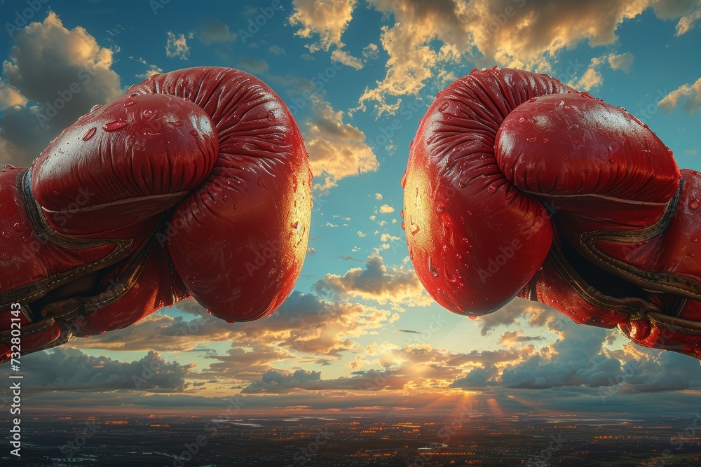 A pair of red boxing gloves float among the clouds, held by a balloon ...