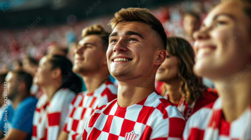 Croatian football soccer fans in a stadium supporting the national team ...