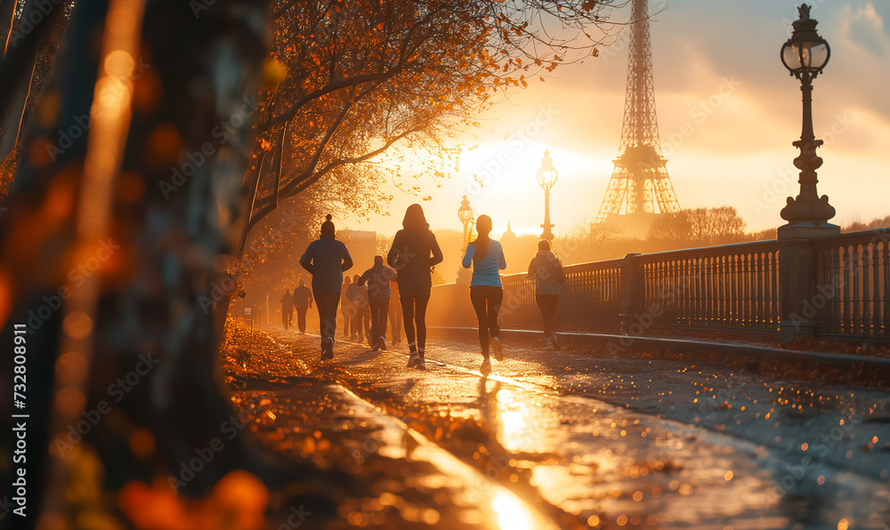 A group of athletes run through the streets of Paris, accompanied by ...