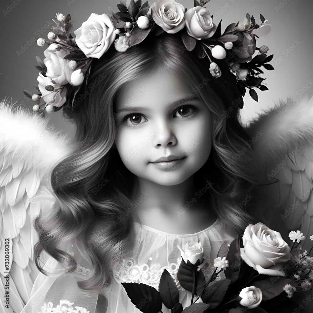 Beautiful little angel with wings and flowers. Black and white. Angel ...