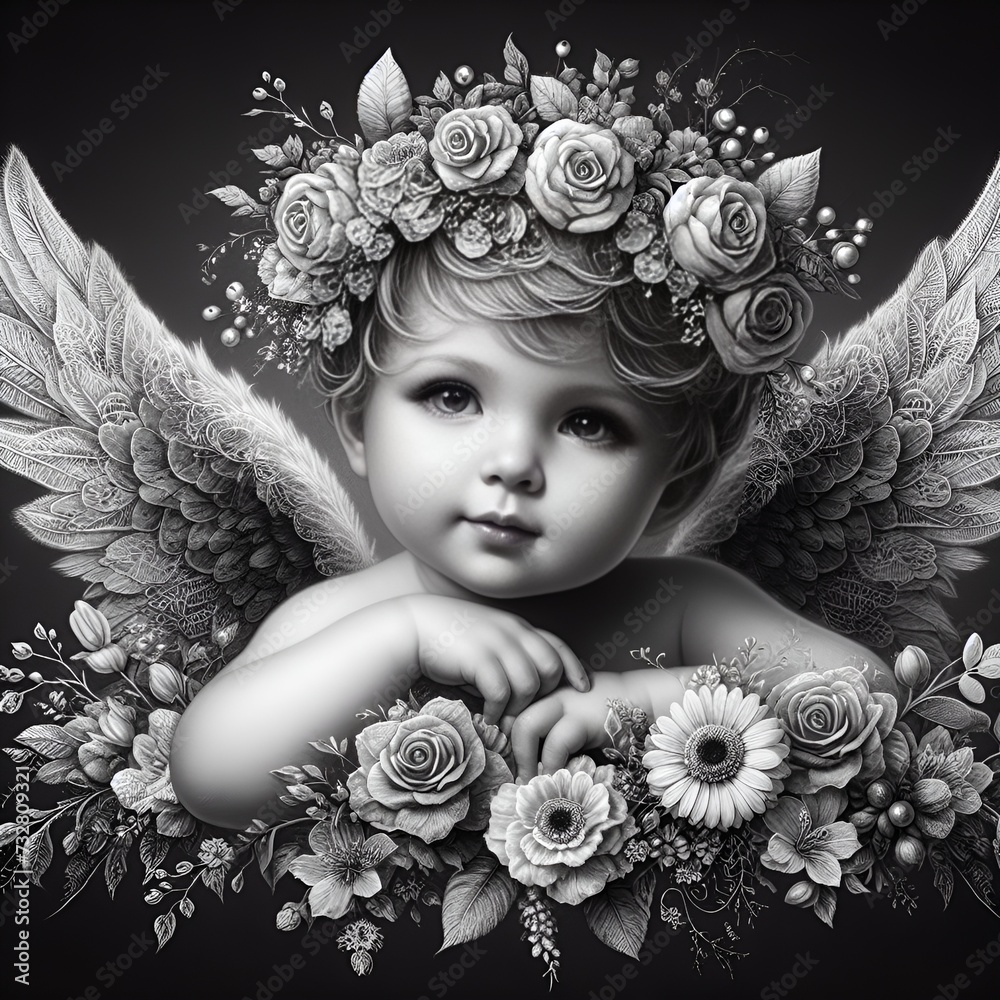 Beautiful little angel with wings and flowers. Black and white. Angel ...