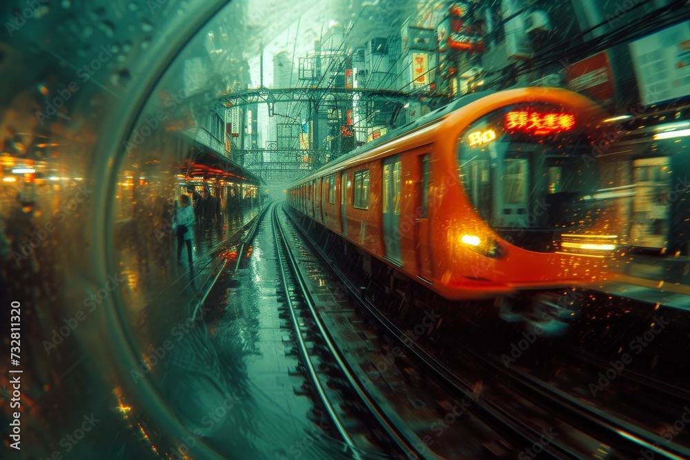 Fotografia do Stock: A bustling transport hub at night, as a sleek ...