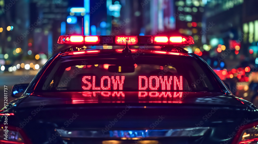 Rearview of a police car with red lights on and text "SLOW DOWN". Night ...