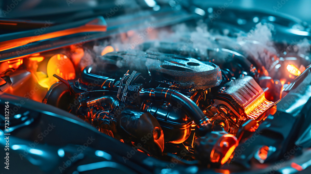 Smoke and flame of fire under the open hood of car with strong V8 ...