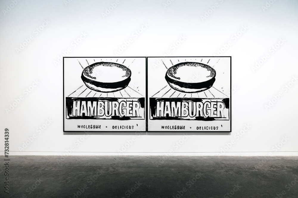 London, UK - January 9 2024 : Andy Warhol Hamburger screen print ...
