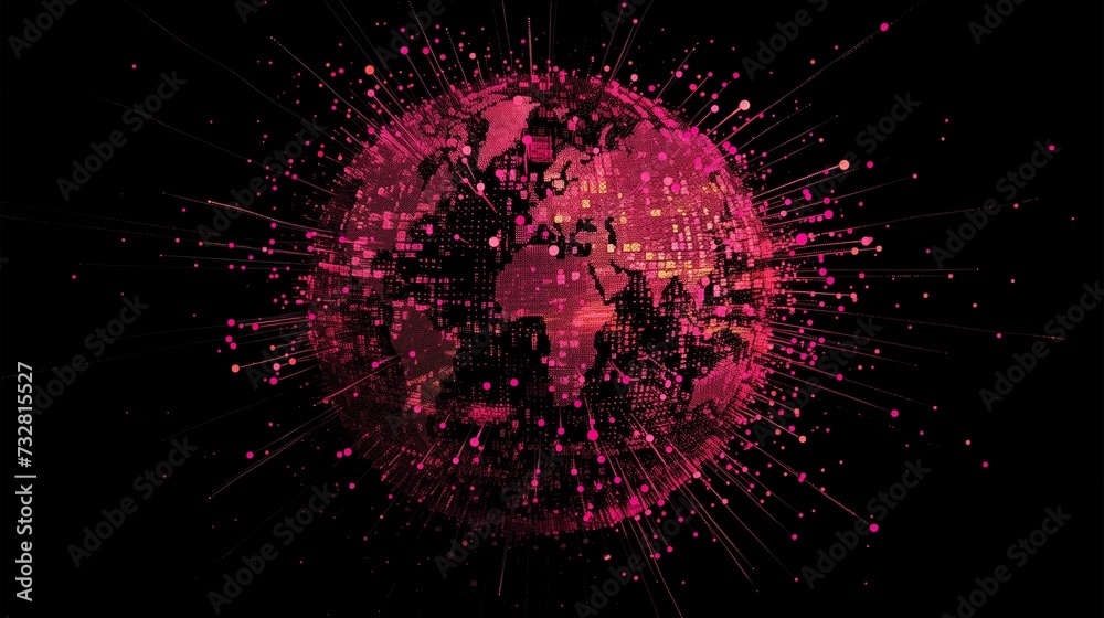 Digital globe with a pink dot matrix design and dynamic lines on black ...