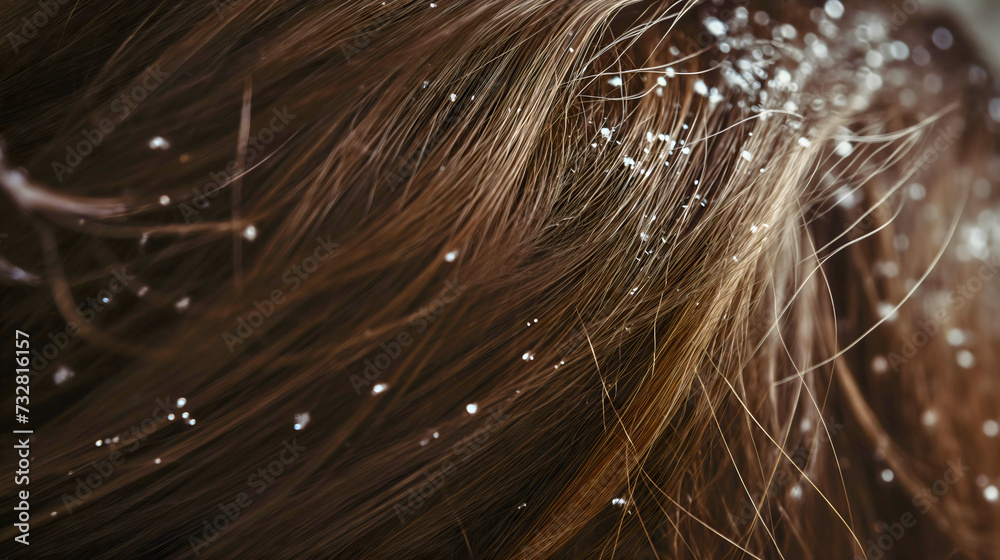 Close up macro photography of a brunette female hair full of white ...