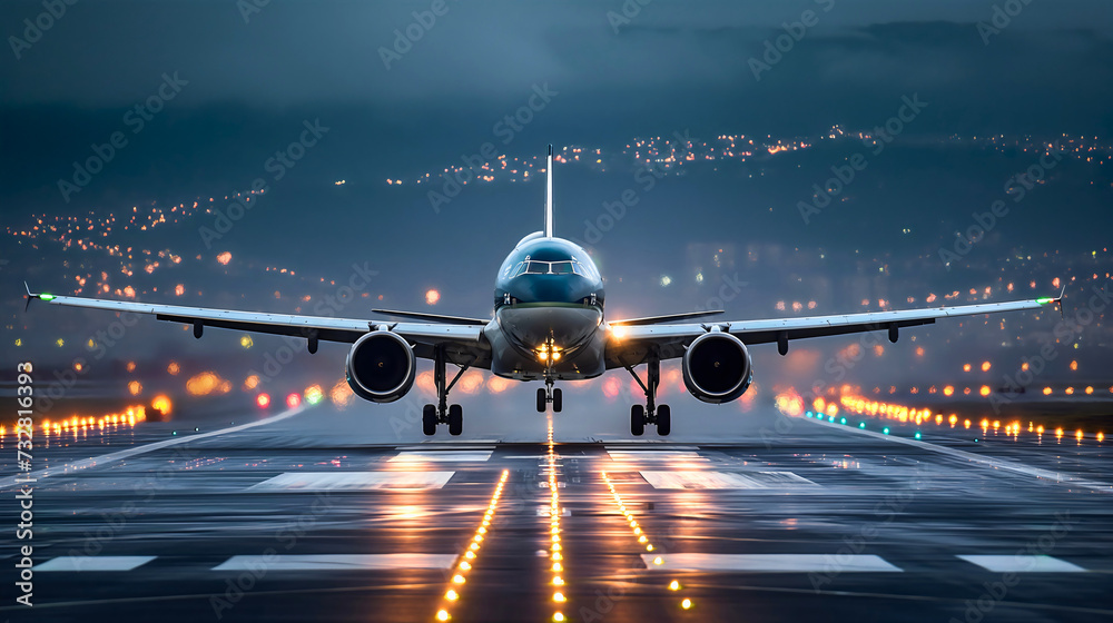Airplane departure from the ground, flying up in the air on an airport ...