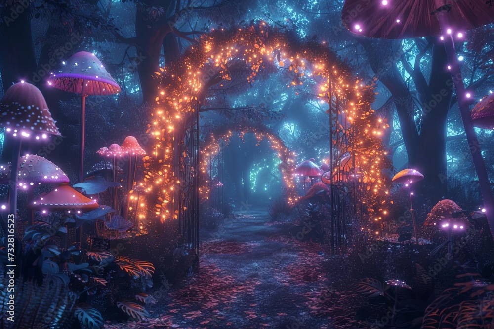Enchanted forest scene with a magical gate adorned with luminescent ...