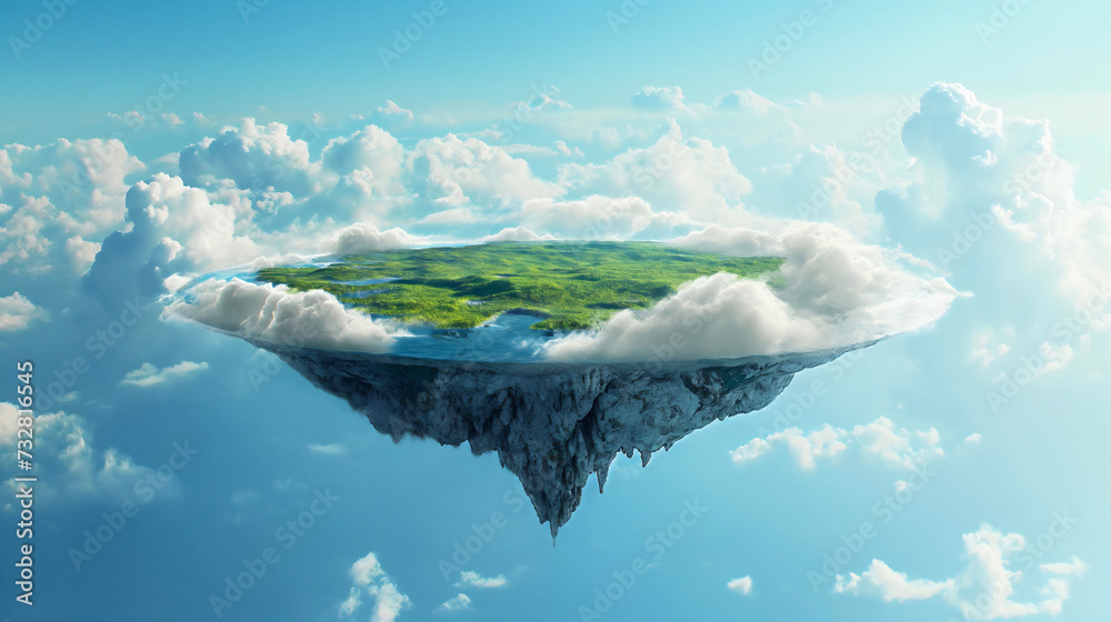 Concept of flat earth planet floating in the sky surrounded by white ...