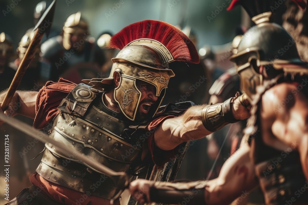 Roman gladiator battle Intense combat scene Historical reenactment ...