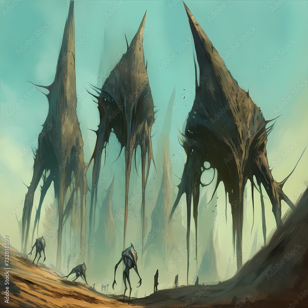 Enigmatic Extraterrestrial Landscape with Towering Alien Structures ...